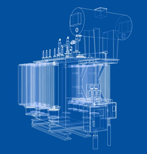 Power three-phase transformer isometric blueprints