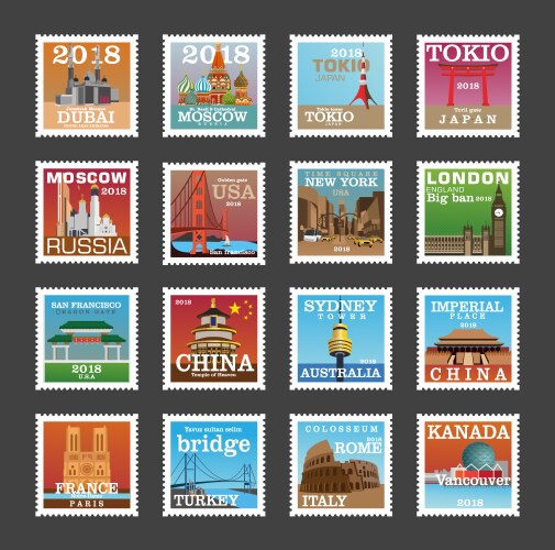Set of old postage stamps with japanese symbols Vector Image