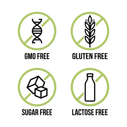 Gluten gmo sugar lactose free signs Royalty Free Vector