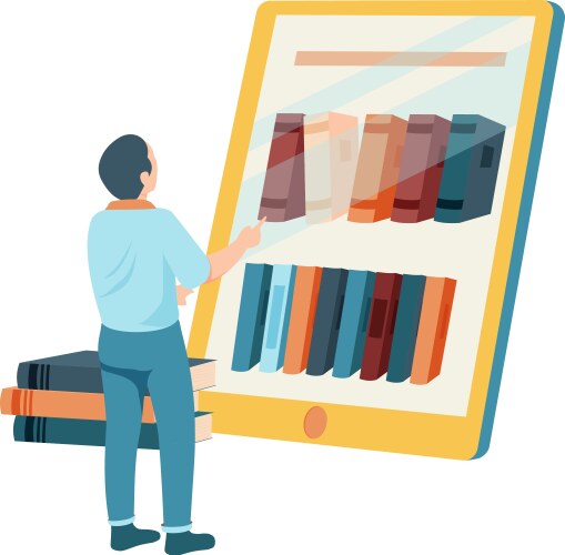 Tiny reader characters utilize online library Vector Image