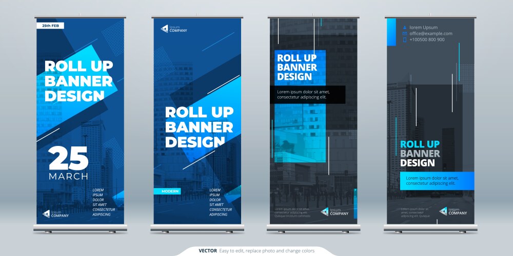 Blue roll up display banner mockup template Vector Image