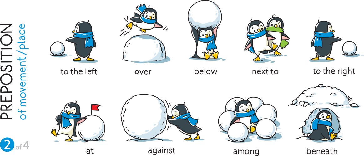 Preposition of place penguin near the snowball Vector Image
