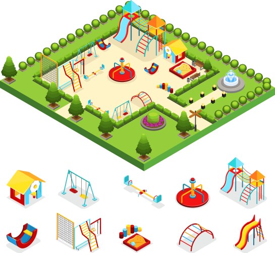 Colored water park aquapark isometric composition Vector Image