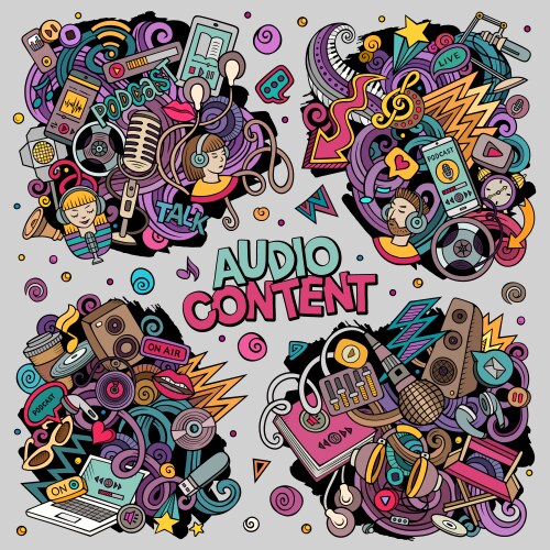 Audio content cartoon doodle designs set Vector Image