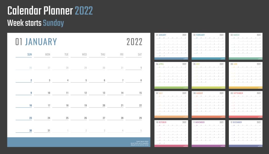 Calendar template 2022 12 month gray Royalty Free Vector