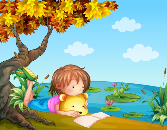 Cartoon boy and girl reading books in park Vector Image