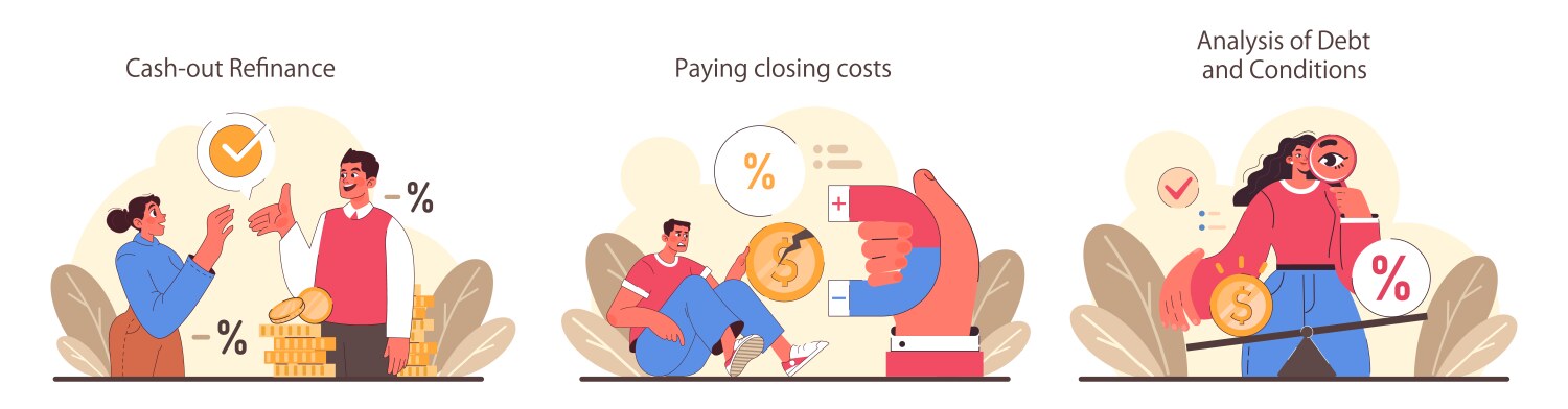 Refinance process icon set loan rate reduction Vector Image