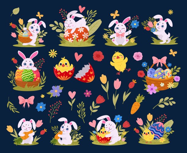 Cute spring rabbits fluffy easter bunnies Vector Image