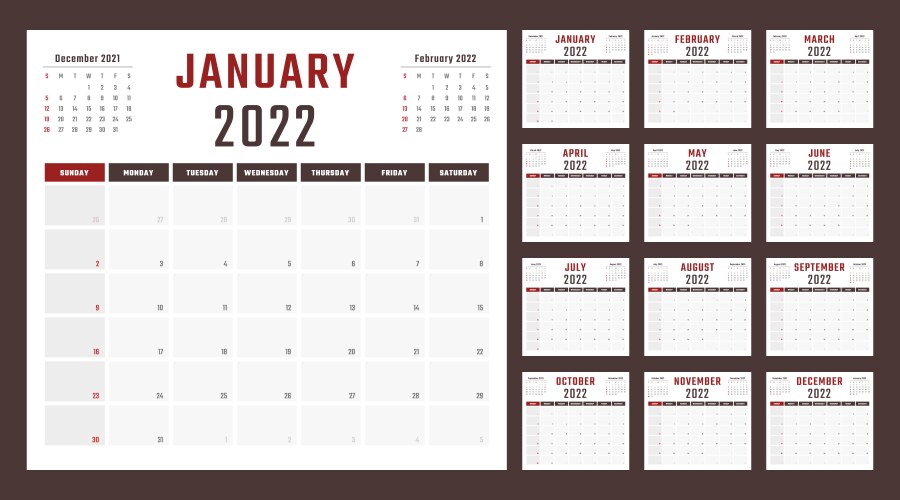 Calendar for 2022 starts monday Royalty Free Vector Image