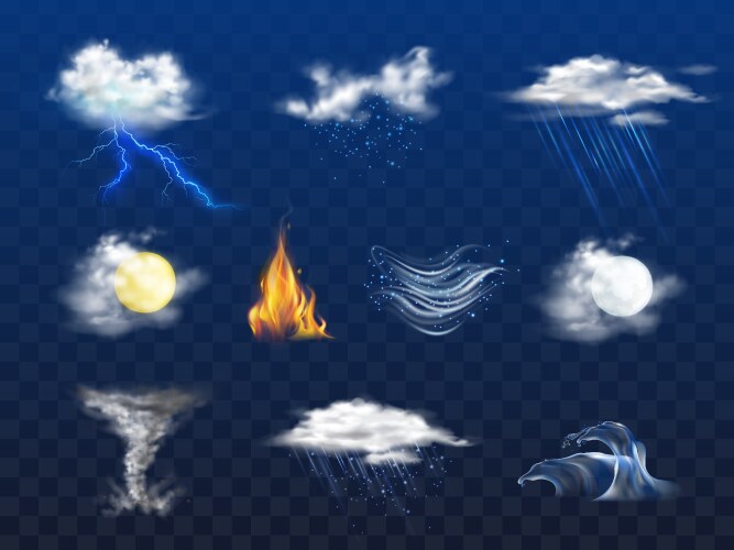 Realistic weather icons on transparent Royalty Free Vector