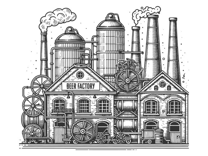 Beer brewing process factory sketch Royalty Free Vector