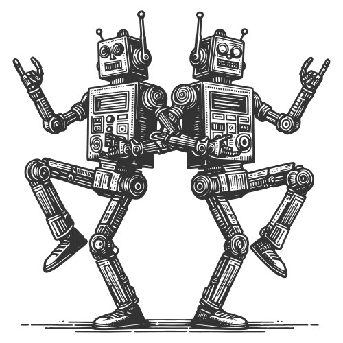 Dancing robots engraving Royalty Free Vector Image