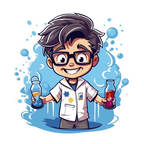 Scientist boy cartoon character with flask Vector Image