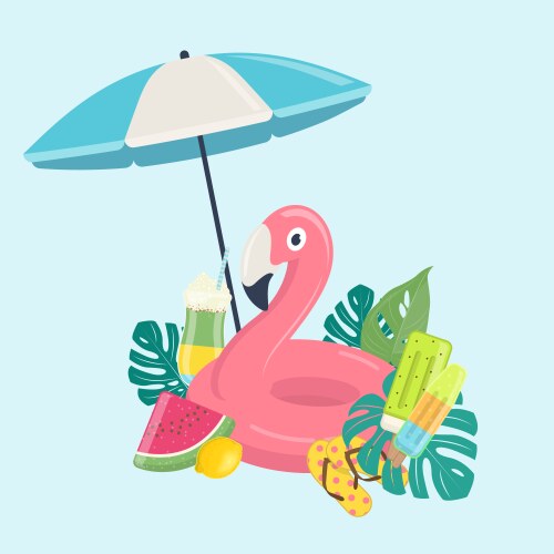 Cute pink flamingo with surf board on beach Vector Image