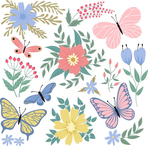 Spring flowers and butterflies colorful garden Vector Image