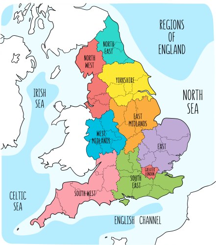 Political map of england with regions Royalty Free Vector