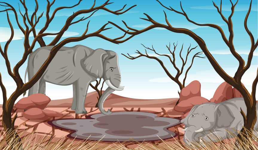 Two elephants dying in drought land Royalty Free Vector
