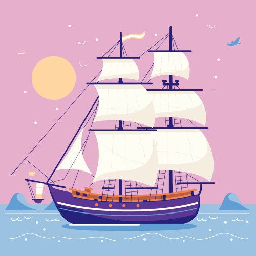 Sailing ship cartoon graphic purple sky yellow sun