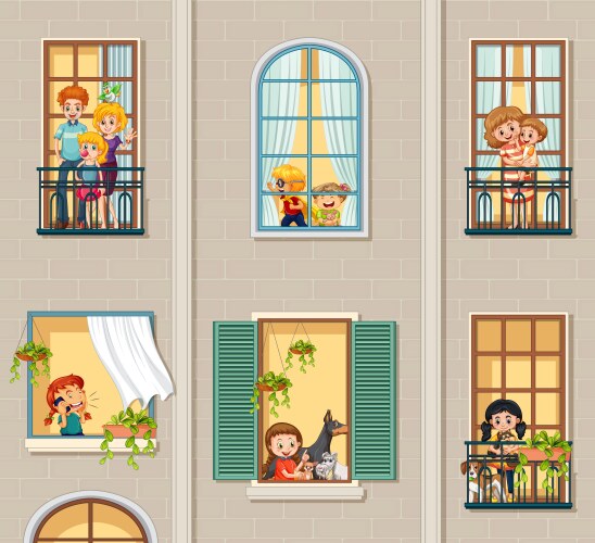 Facade of building with opened windows and people Vector Image