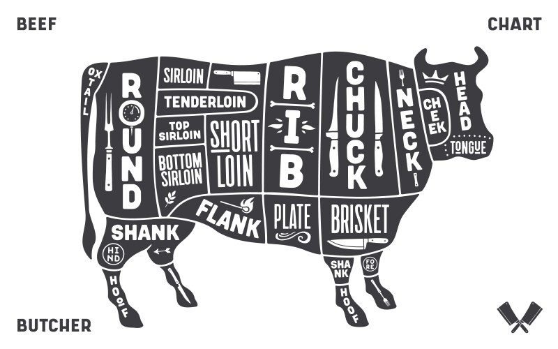 Meat diagram cow engraving Royalty Free Vector Image