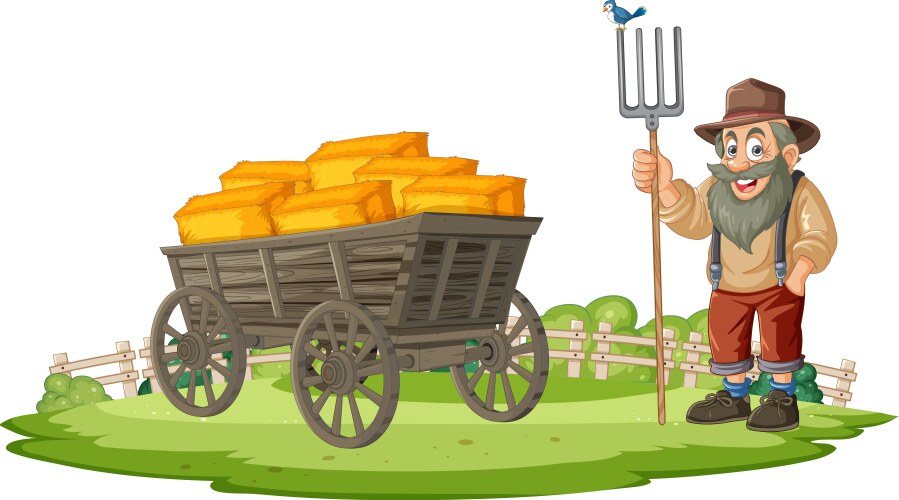 Cartoon farmer with hay cart Royalty Free Vector Image