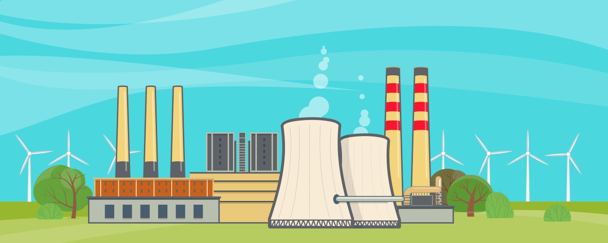 Working nuclear power plant near tower set along Vector Image