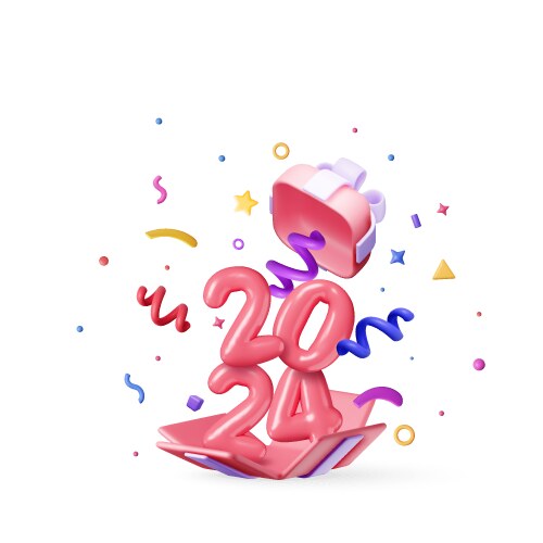 3d open gift box with sign 2024 and confetti Vector Image