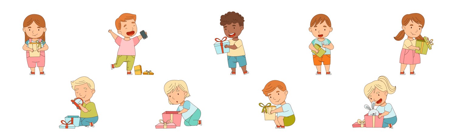 Happy kid receive gift box open present Royalty Free Vector