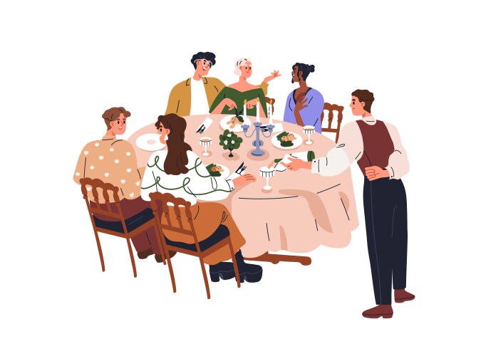 Happy friends gathering around table eating lunch Vector Image