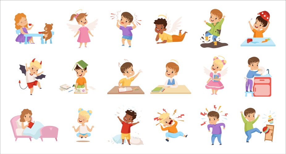 Naughty and obedient kids set cute little well Vector Image
