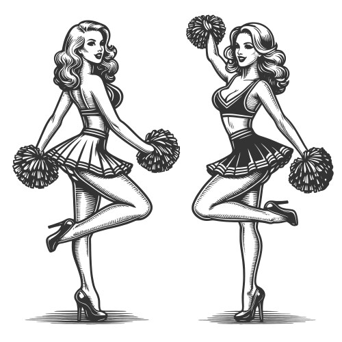 Cheerleader poses engraving Royalty Free Vector Image