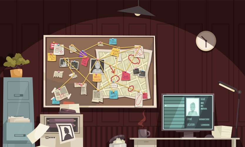 Cartoon detective board police cork pinboard Vector Image