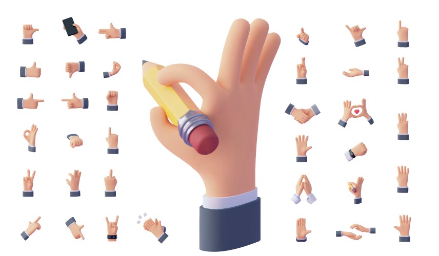 Diverse hand gestures 3d set Royalty Free Vector Image