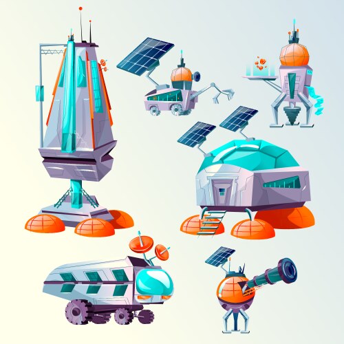 Planet colonization cartoon set Royalty Free Vector Image