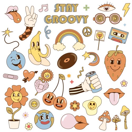 Set of isolated retro 70s 90s groovy elements Vector Image