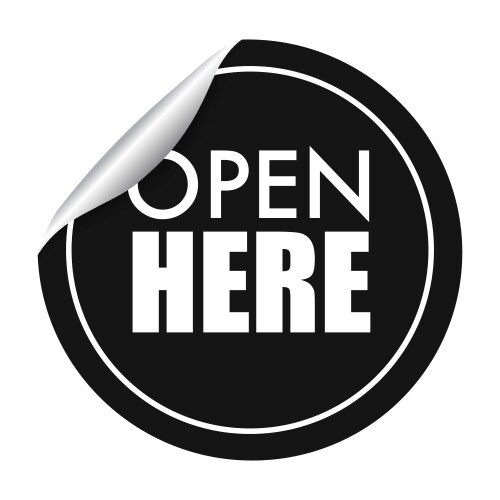 Open here sticker circle shape blue color Vector Image