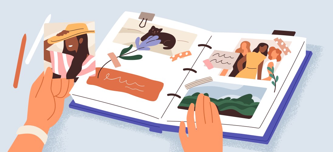 Memory photo album tiny characters remember Vector Image