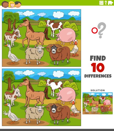 Differences game with pigs farm animals Royalty Free Vector