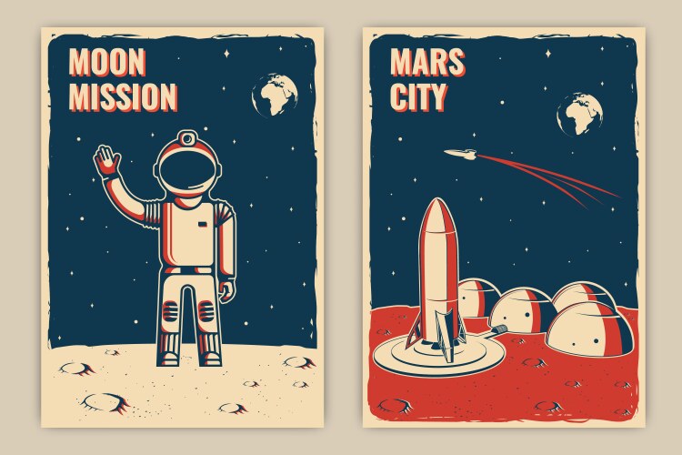 Mars city and space mission posters banners Vector Image