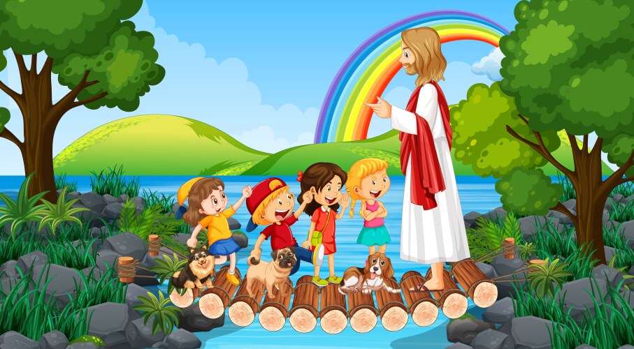 Cartoon jesus with children in a church Royalty Free Vector