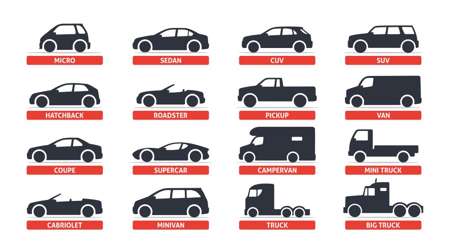 Car type icons set model automobile black Vector Image
