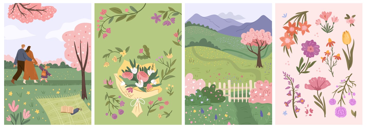 Spring posters family flowers tree and people Vector Image