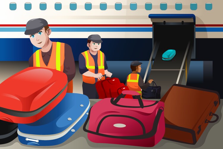 Warehouse workers loading boxes into airplane Vector Image