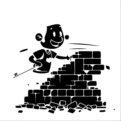 Cartoon construction worker building brick wall Vector Image