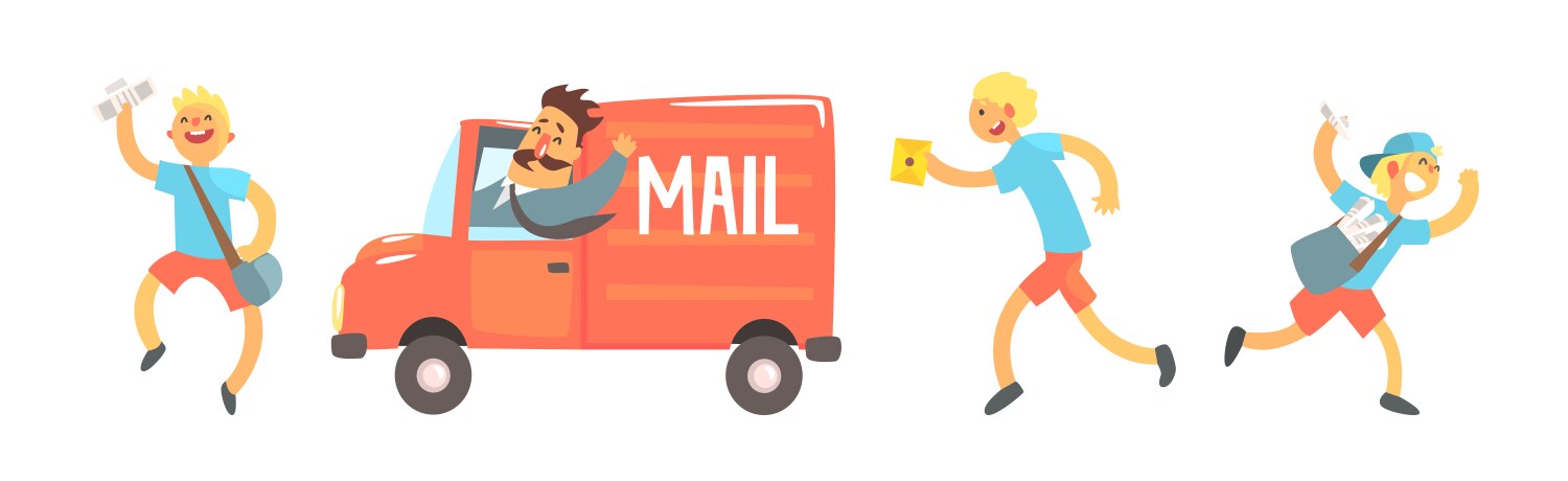 Postman funny character delivering post Royalty Free Vector