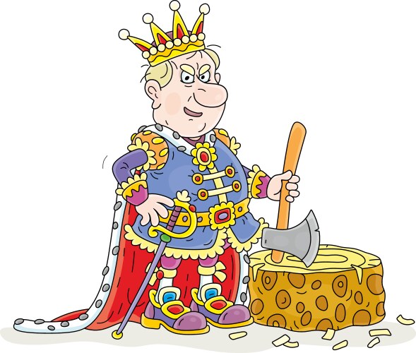 Angry king playing with toy soldiers Royalty Free Vector