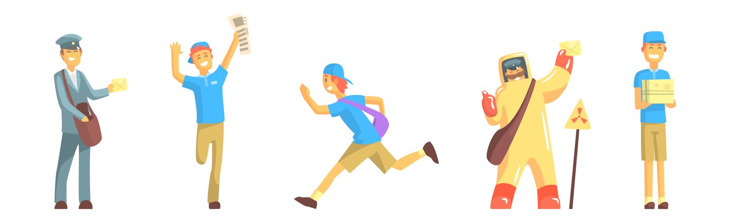 Postman funny character delivering post Royalty Free Vector