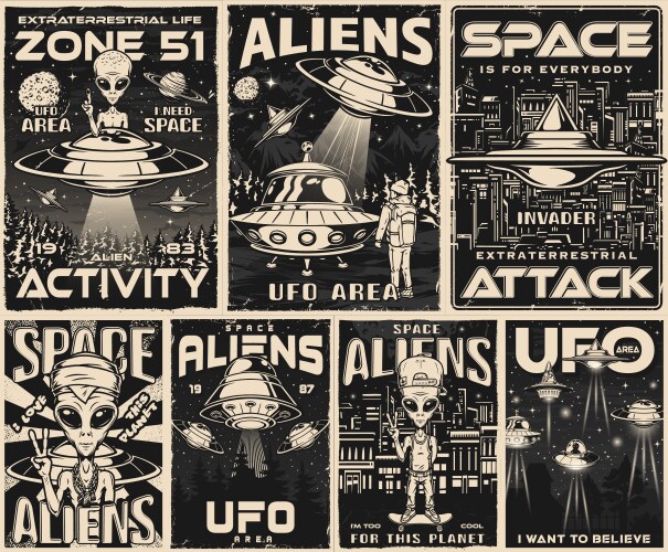 Aliens set vintage monochrome flyers Royalty Free Vector