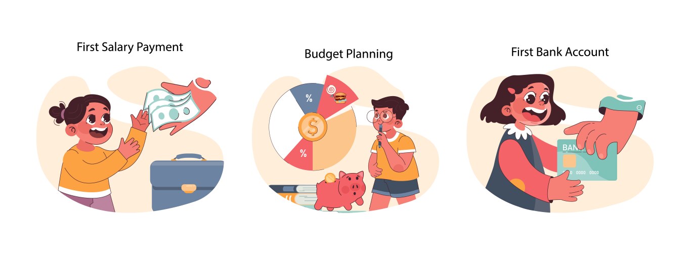 Child financial literacy set flat Royalty Free Vector Image