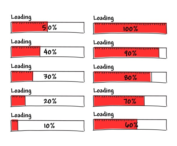 Set of progress loading bars from 0 to 100 percent
